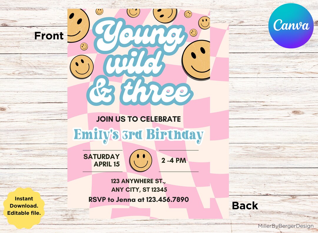 Young Wild and Three Smiley Face 3rd Birthday Party Invitation Instant ...