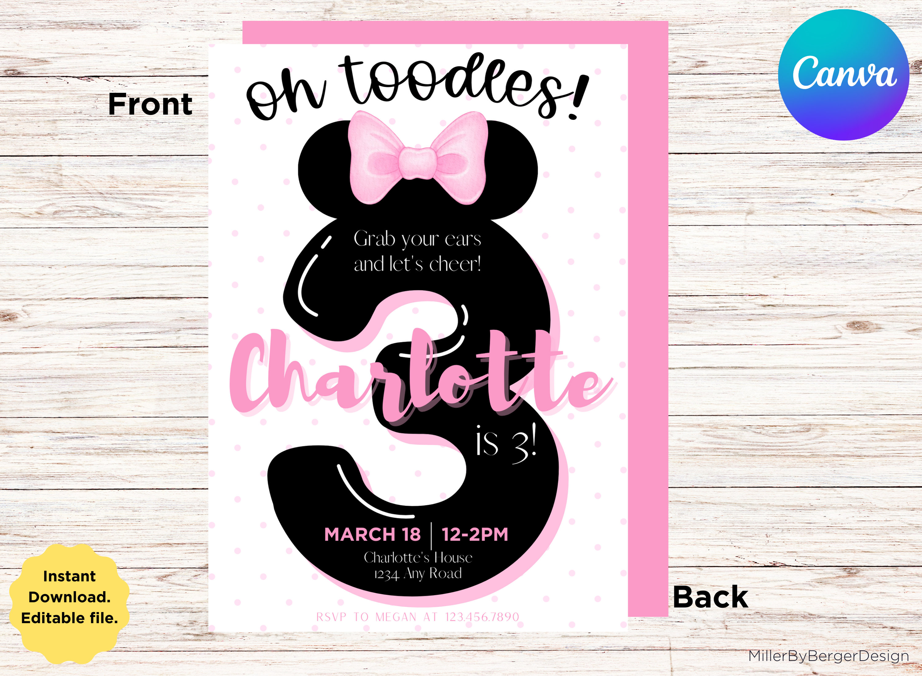 Girl Minnie Mouse 3rd Birthday Party Invitation With Picture Instant ...