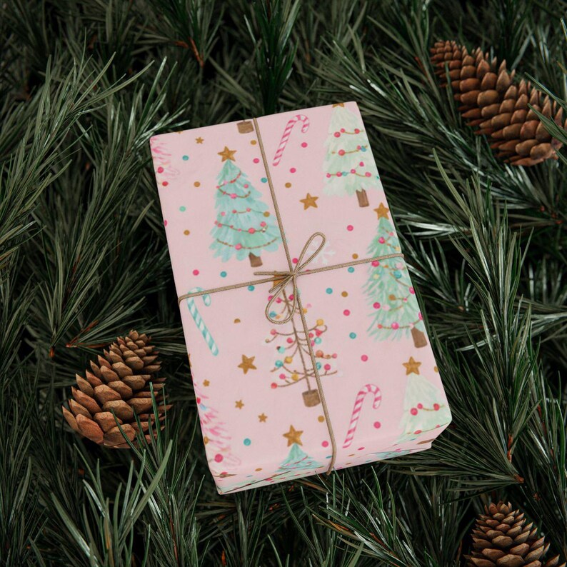 Pastel Christmas Trees Wrapping Paper, Pink Holiday Gift Wrap, Festive ...