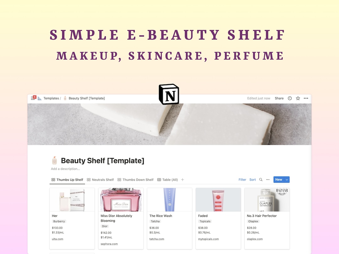 Notion Beauty Shelf Template | Digital Organizer for Makeup, Skincare ...