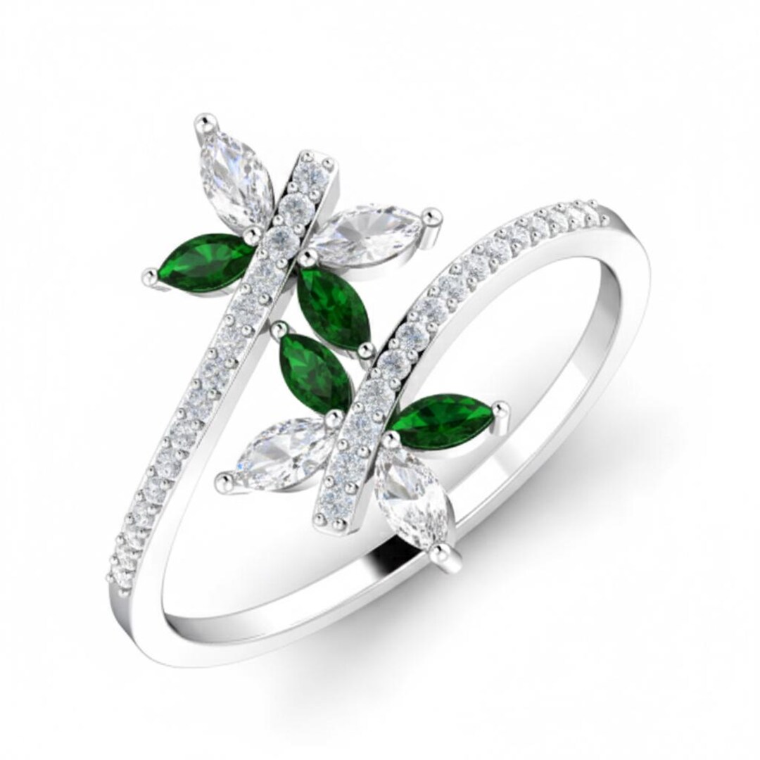 Marquise Emerald and Diamond Bypass Ring, Handcrafted Floral Bypass ...