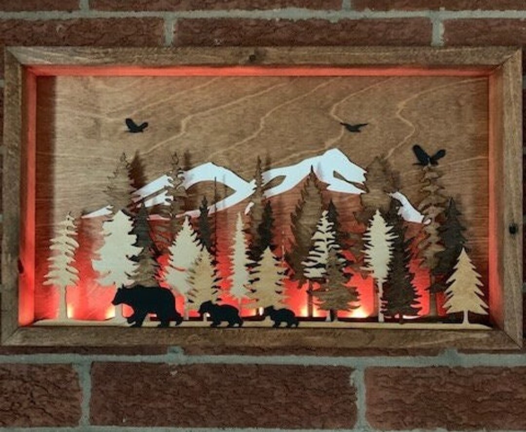 Mantel / Wall Decor, Wooden 3D Forest Wall Art With LED Lights ...