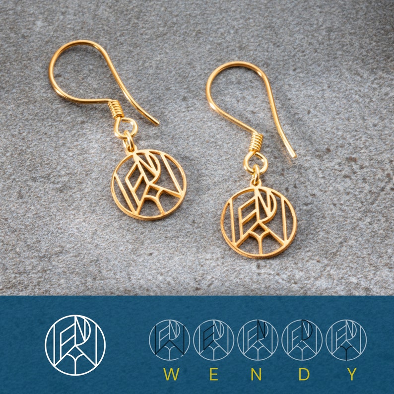 Gold Monogram Earrings, Unique Design Name Logo Custom Earrings, Custom ...