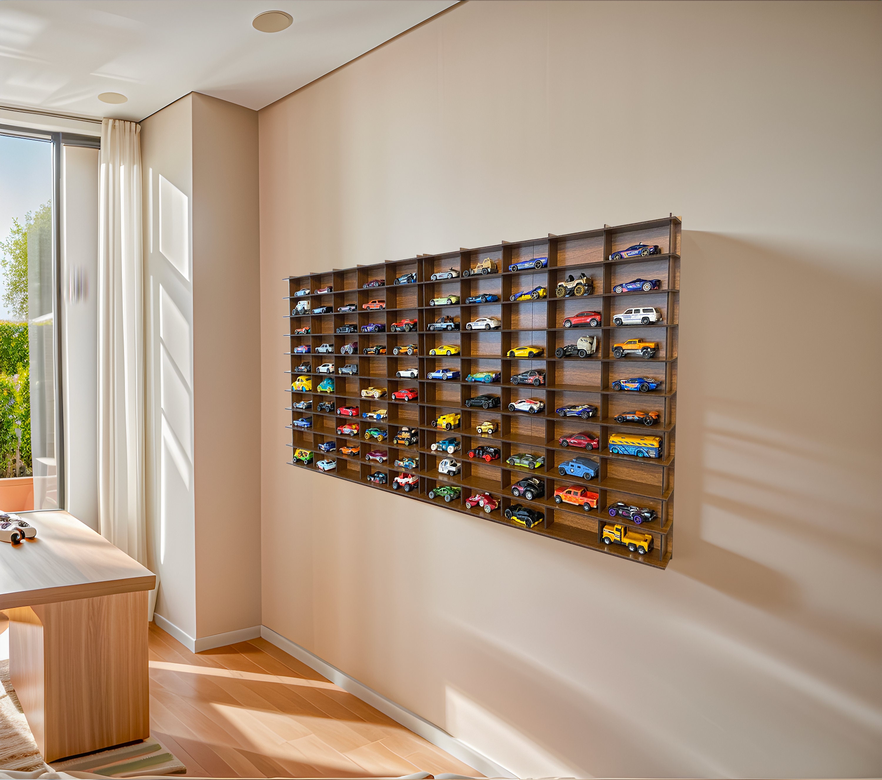 Walnut Toy Car Storage for 100 Cars, Matchbox Car Storage, Wall Mounted ...