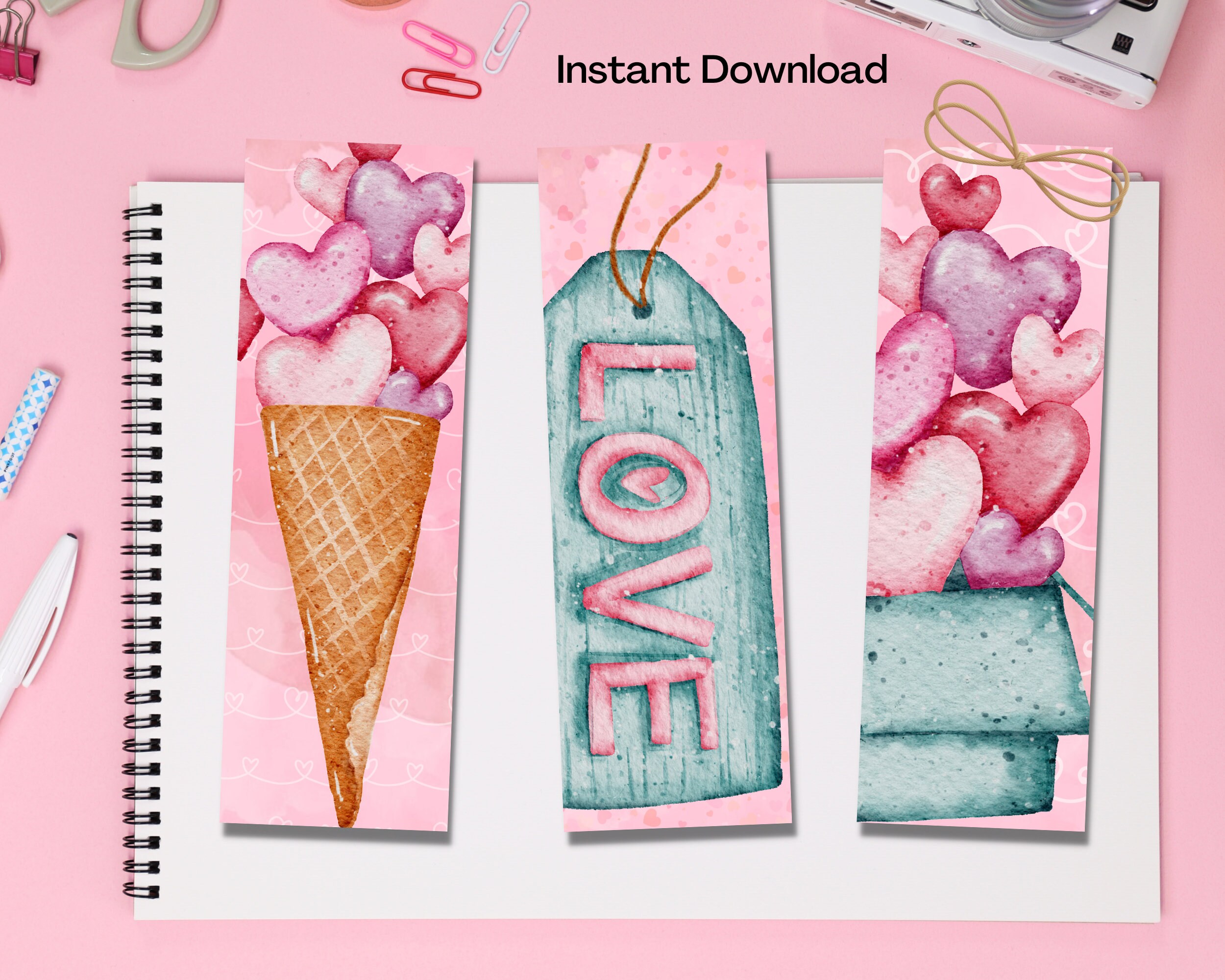 Valentine's Day Bookmarks | Printable Bookmarks in Pink Watercolor ...