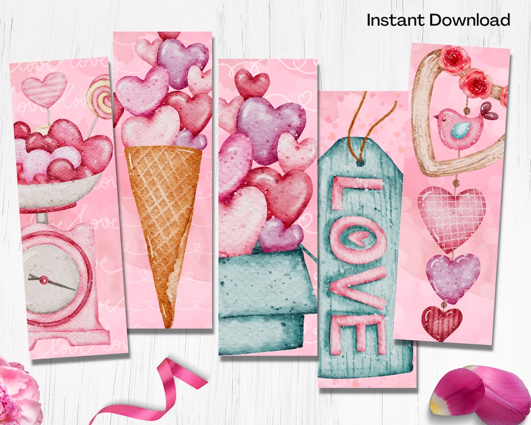 Valentine's Day Bookmarks | Printable Bookmarks in Pink Watercolor ...