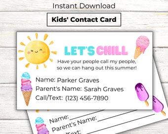 Summer Contact Cards, Kids Play Date Cards, End of School Cards for ...