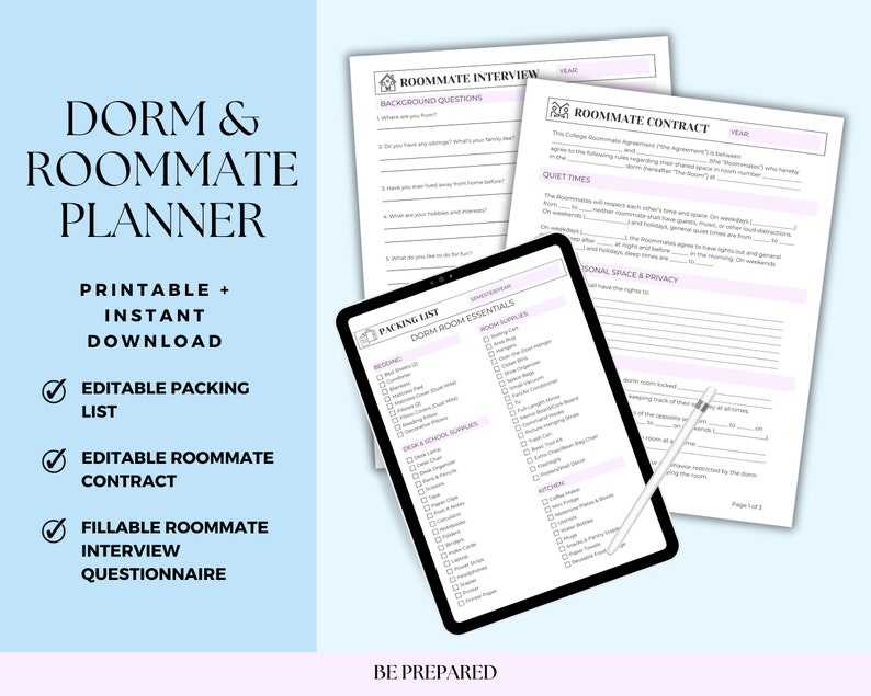 Editable College Dorm and Roommate Planning Bundle Packing List ...