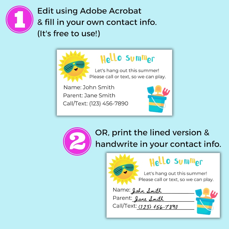 Summer Playdate Contact Card: Editable Kids Calling Card (PDF Download ...