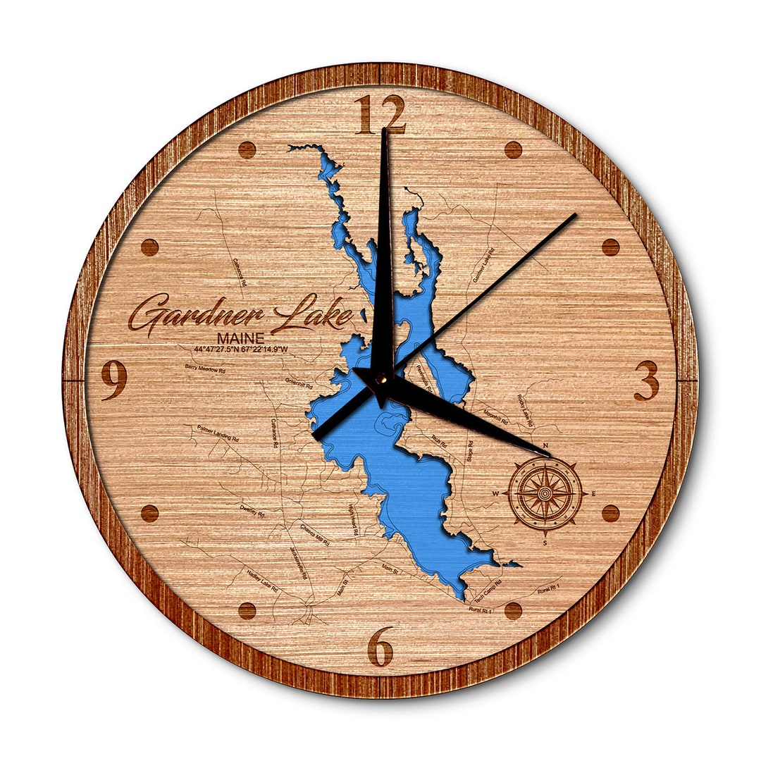 Gardner Lake, Maine 14in Layered Map Clock - Any Lake, Pond, or ...