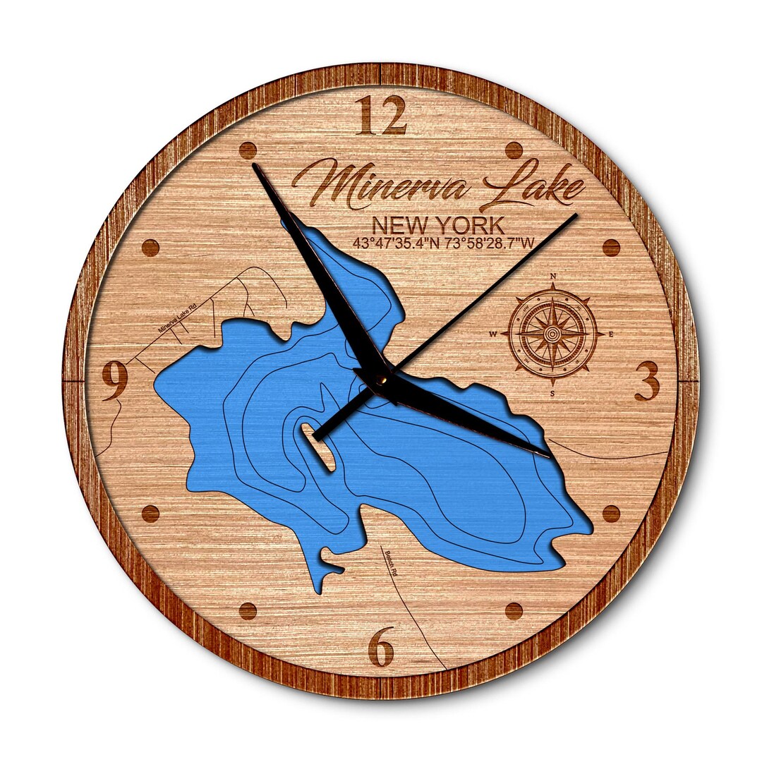 Minerva Lake, New York 14in Layered Map Clock - Any Lake, Pond, or ...
