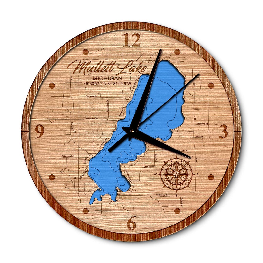 Mullet Lake, Michigan 14in Layered Map Clock - Any Lake, Pond, or ...