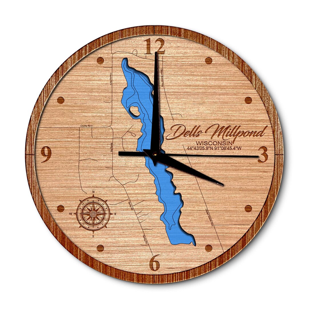 Dells Millpond Wisconsin 14in Layered Map Clock - Any Lake, Pond, or ...