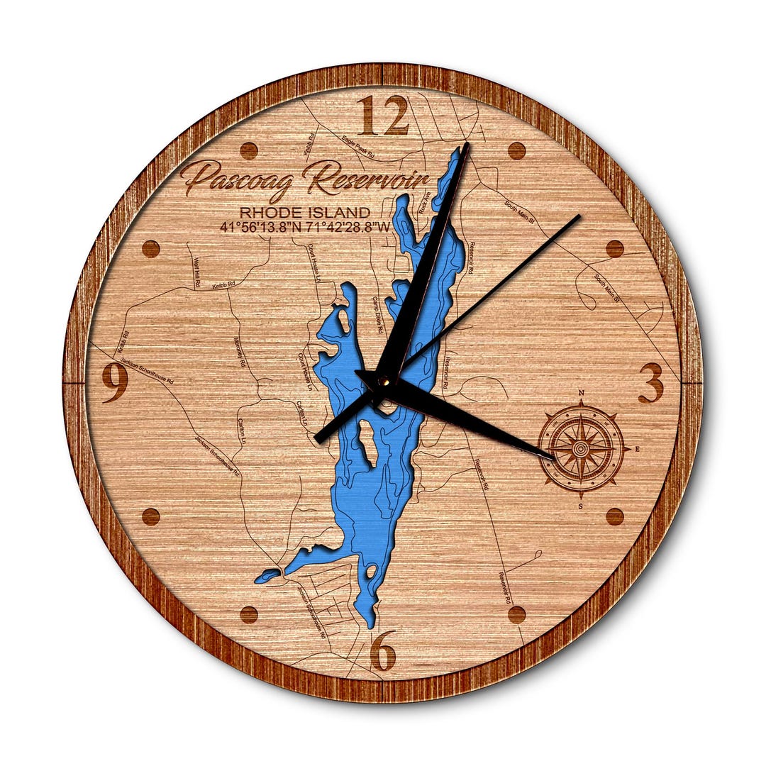 Pascoag Reservoir, Rhode Island 14in Layered Map Clock - Any Lake, Pond ...