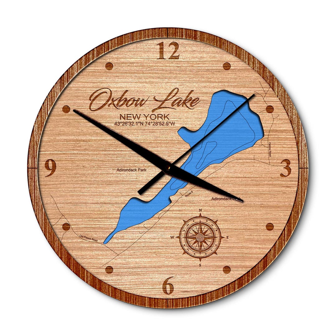 Oxbow Lake, New York 14in Layered Map Clock - Any Lake, Pond, or ...
