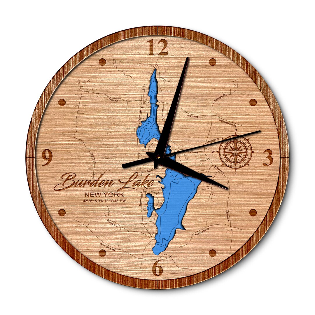Burden Lake, New York 14in Layered Map Clock - Any Lake, Pond, or ...