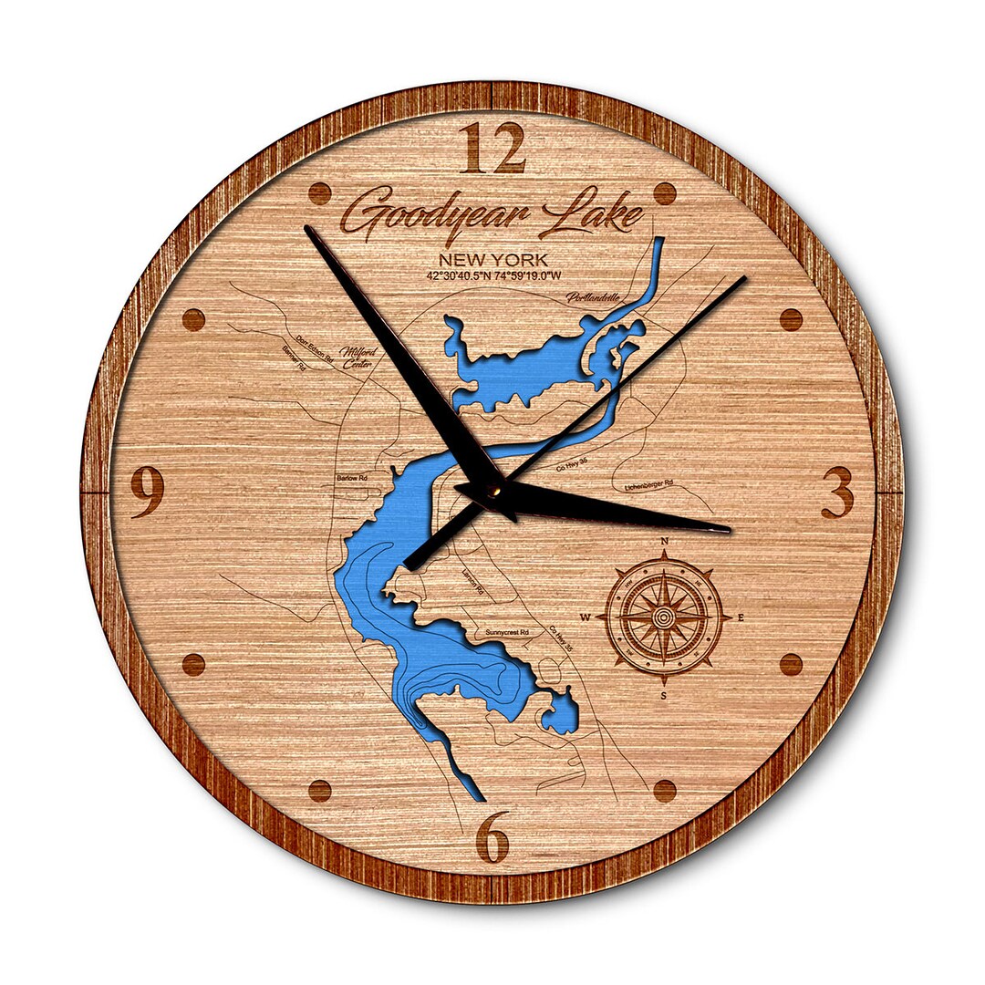 Goodyear Lake, New York Map Clock - Any Lake, Pond, or Reservoir ...