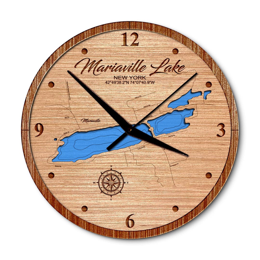 Mariaville Lake New York 14in Layered Map Clock - Any Lake, Pond, or ...