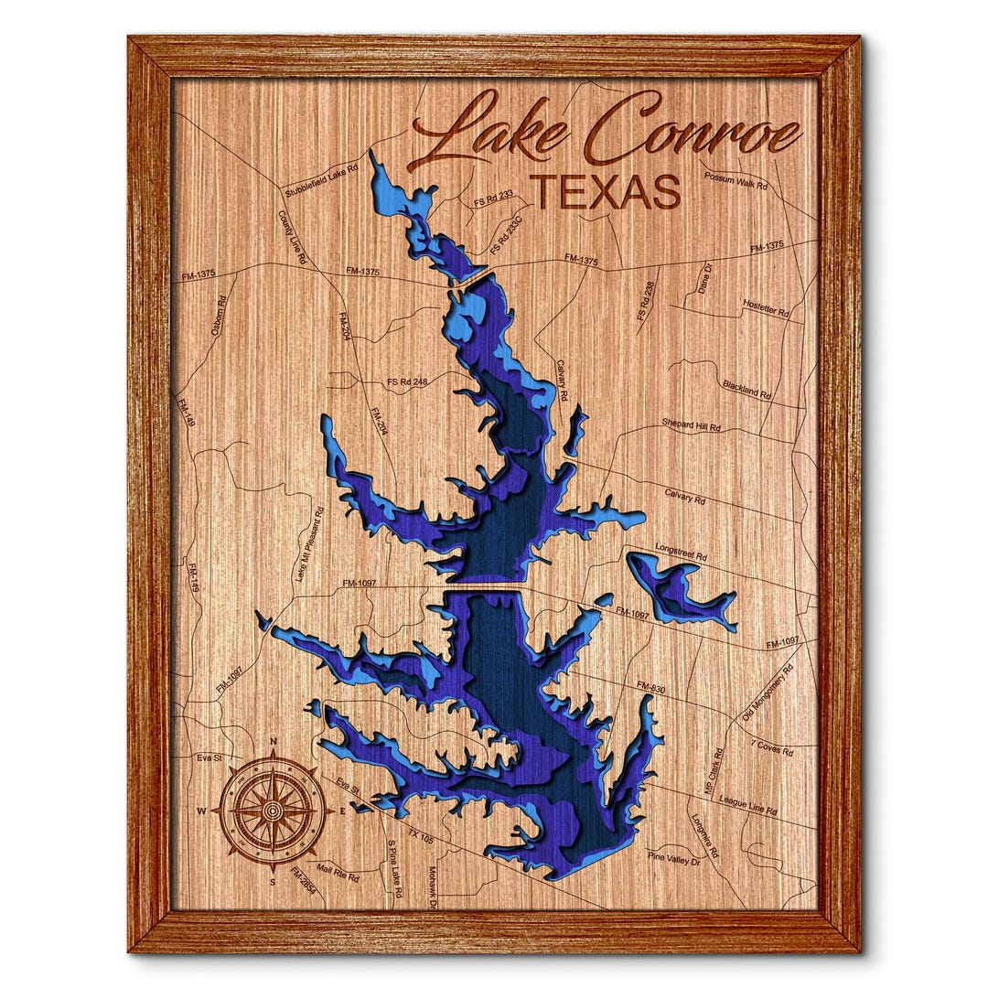 Lake Conroe, Texas Depth Map - Any Lake, Pond, or Reservoir - Unique ...