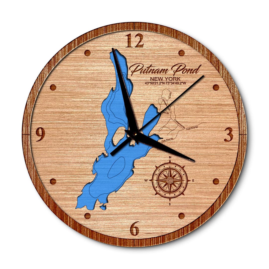 Putnam Pond New York 14in Layered Map Clock - Any Lake, Pond, or ...