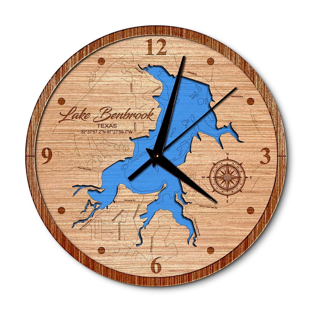 Lake Benbrook Texas 14in Layered Map Clock - Any Lake, Pond, or ...