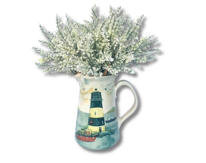 Pottery Lighthouse Pitcher Art Vase, by Oxney England, Nautical Lake ...