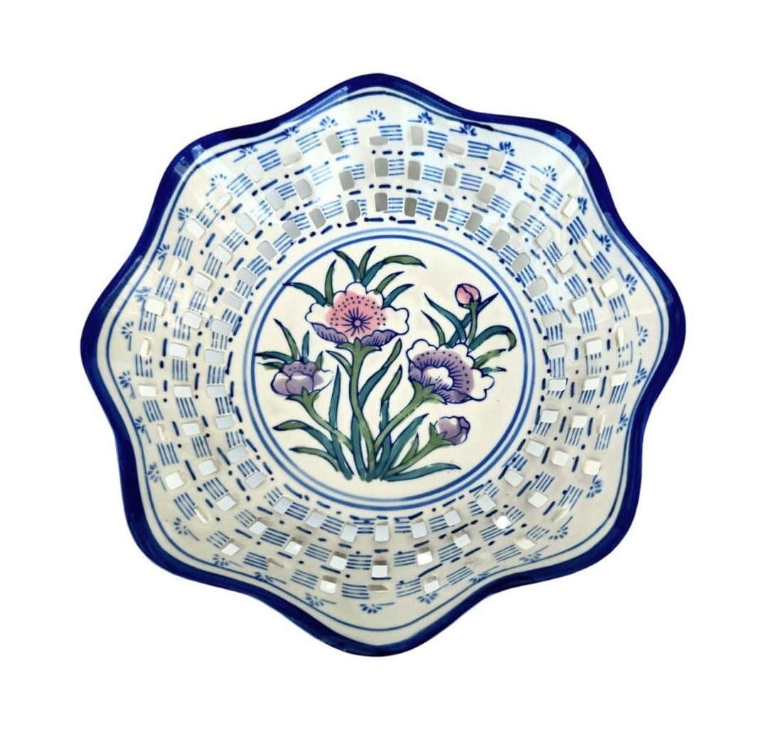Blue & White Lattice Chinoiserie Fruit Bowl, Pink Floral Detail ...