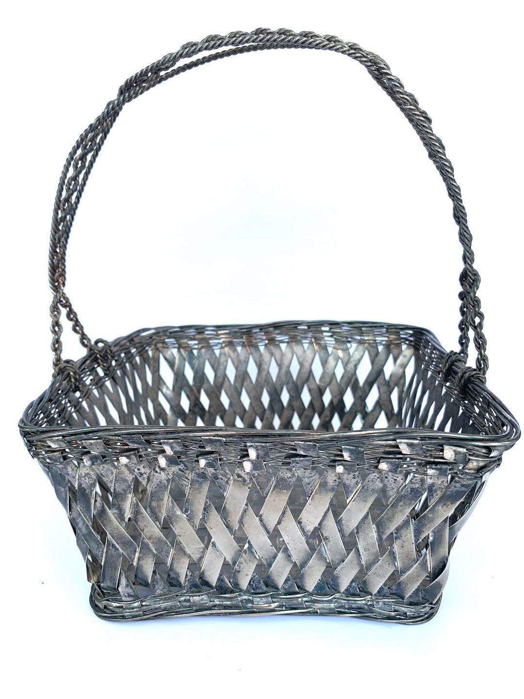 Large Square Silver Woven Basket, Vintage French Style Tableware ...