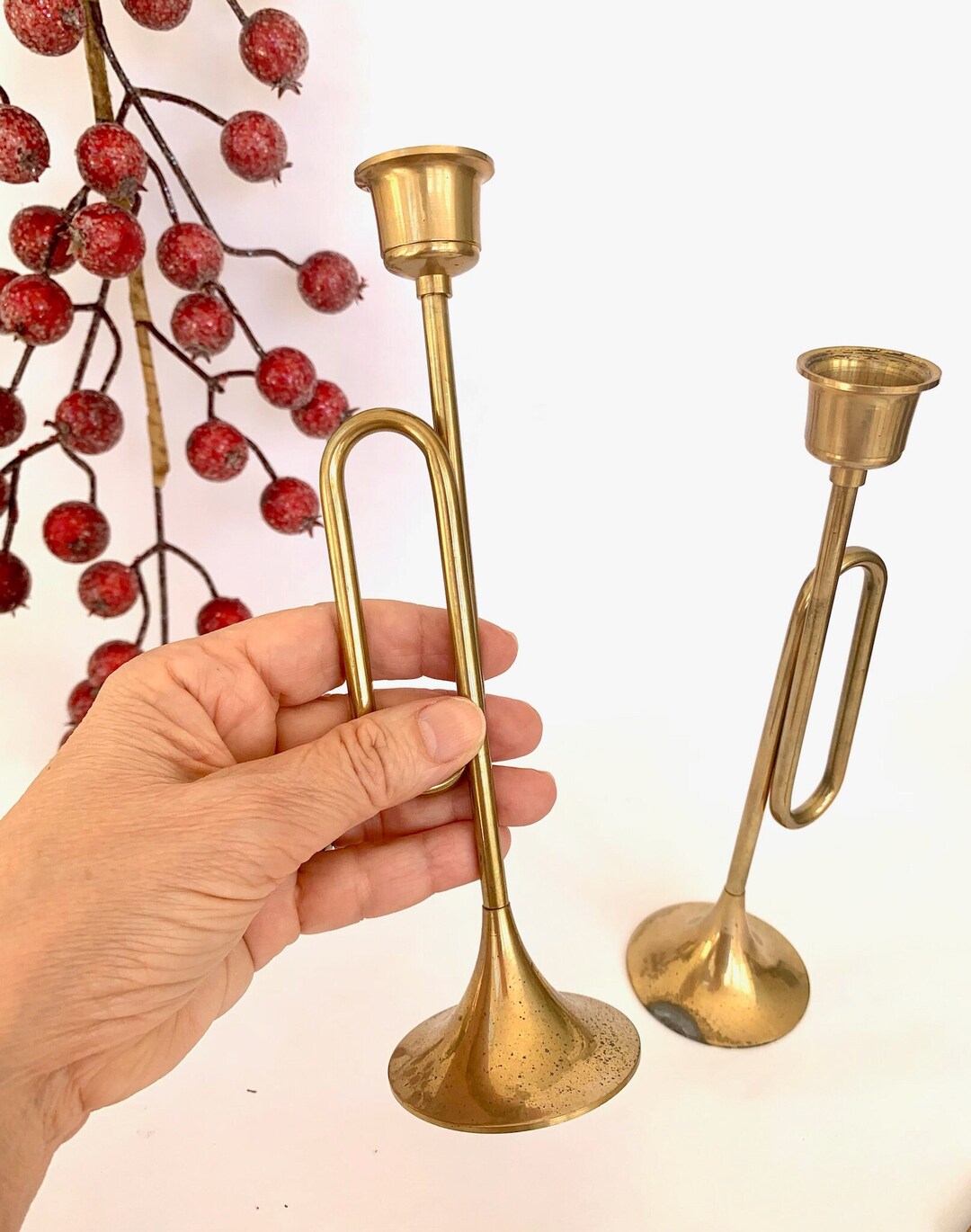 Set of 2 Brass Bugle Candlestick Holders, Horn Shaped Taper Candle ...