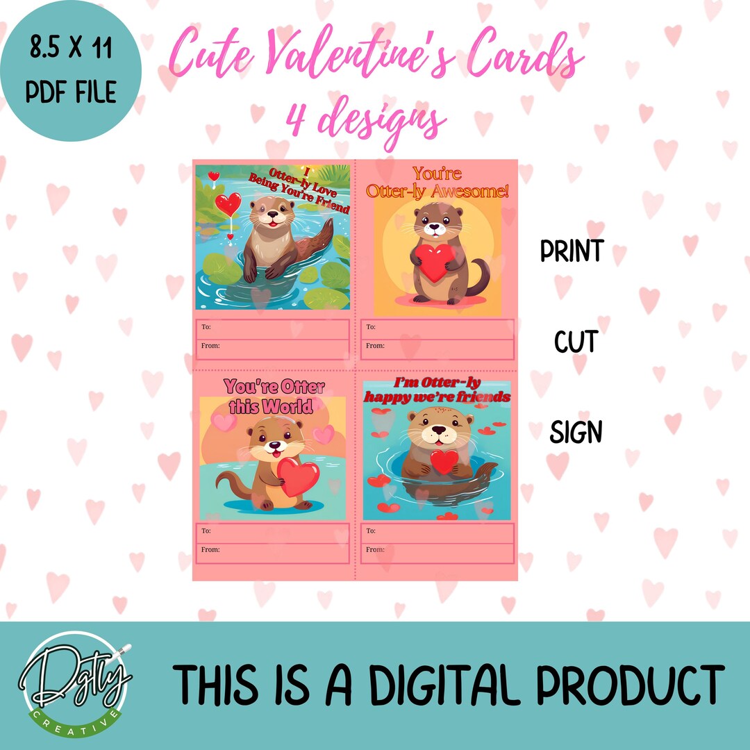 Otter Printable Valentine Cards for Kids - School- Classroom- Cute ...