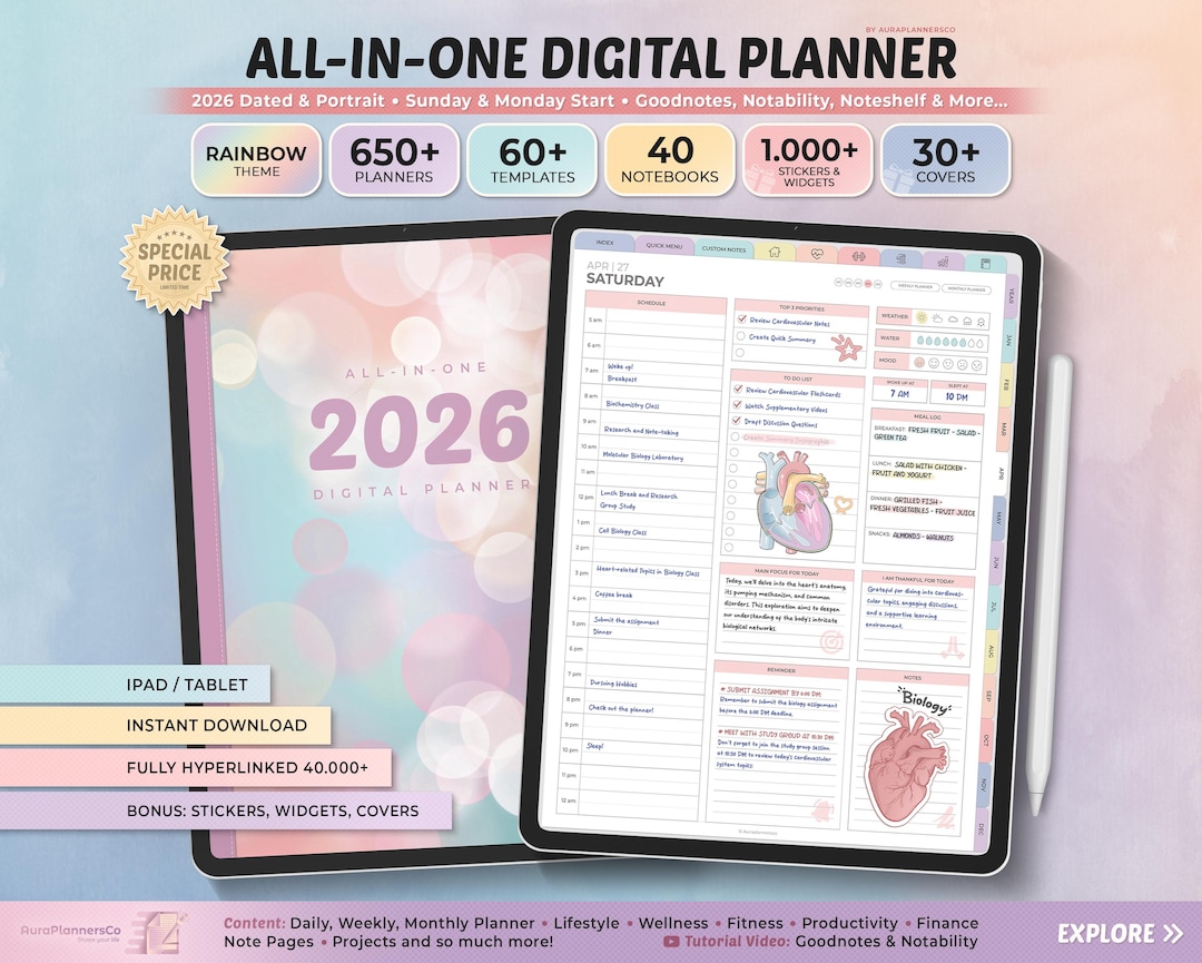 2026 All-in-one Digital Planner: Rainbow Theme, Goodnotes & Notability ...