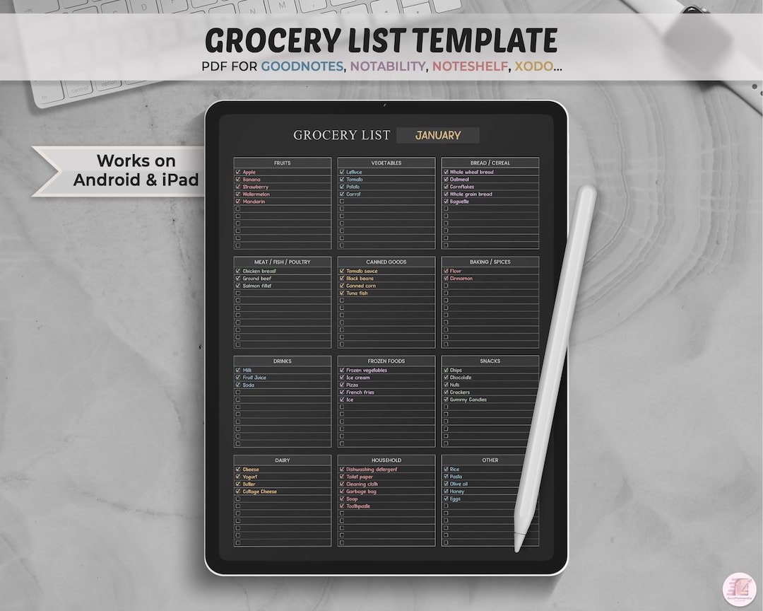 Dark Mode Digital Grocery List Template: Goodnotes, Notability (PDF) - Etsy