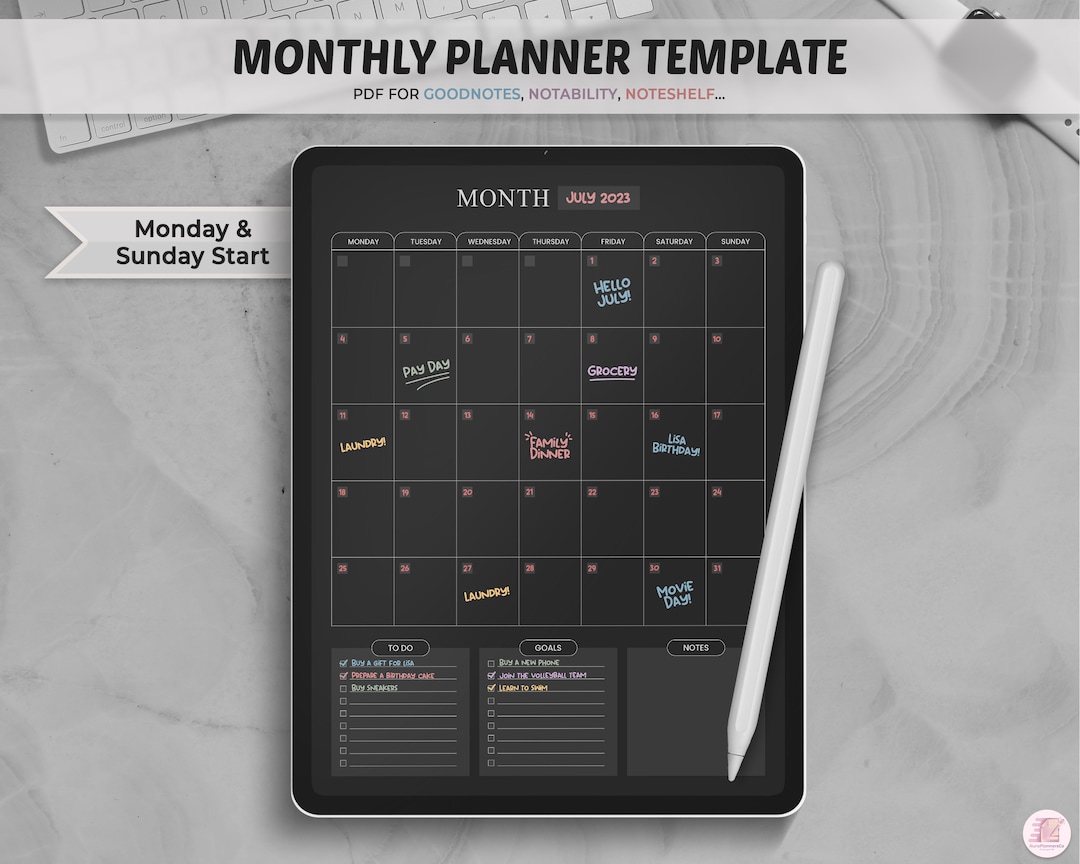 Monthly Planner Goodnotes Template, Monthly Dark Planner Page, Monthly ...