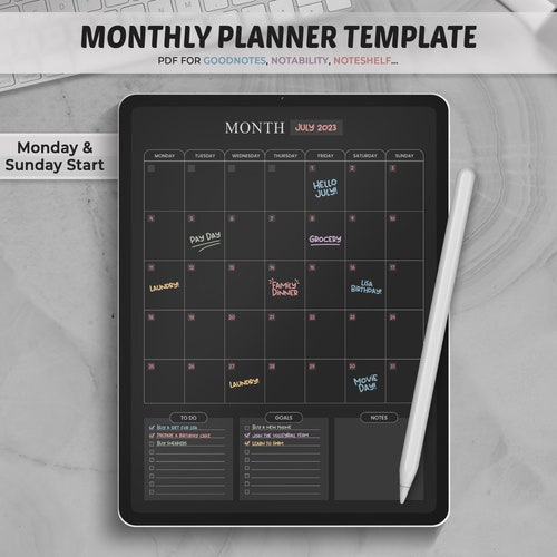 Monthly Planner Goodnotes Template Monthly Dark Planner Page - Etsy