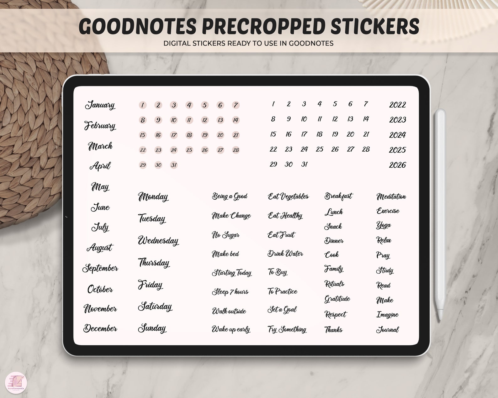Functional Black Digital Stickers, Goodnotes Digital Stickers, Days of ...