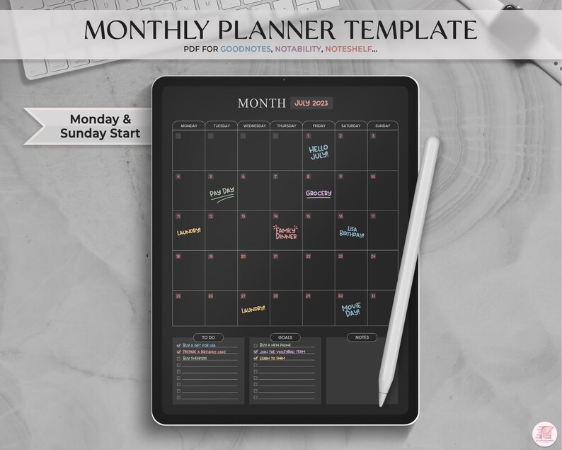 Monthly Planner Goodnotes Template Monthly Dark Planner Page - Etsy