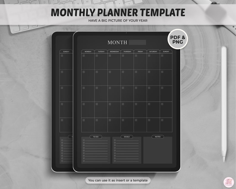 Monthly Planner Goodnotes Template, Monthly Dark Planner Page, Monthly ...