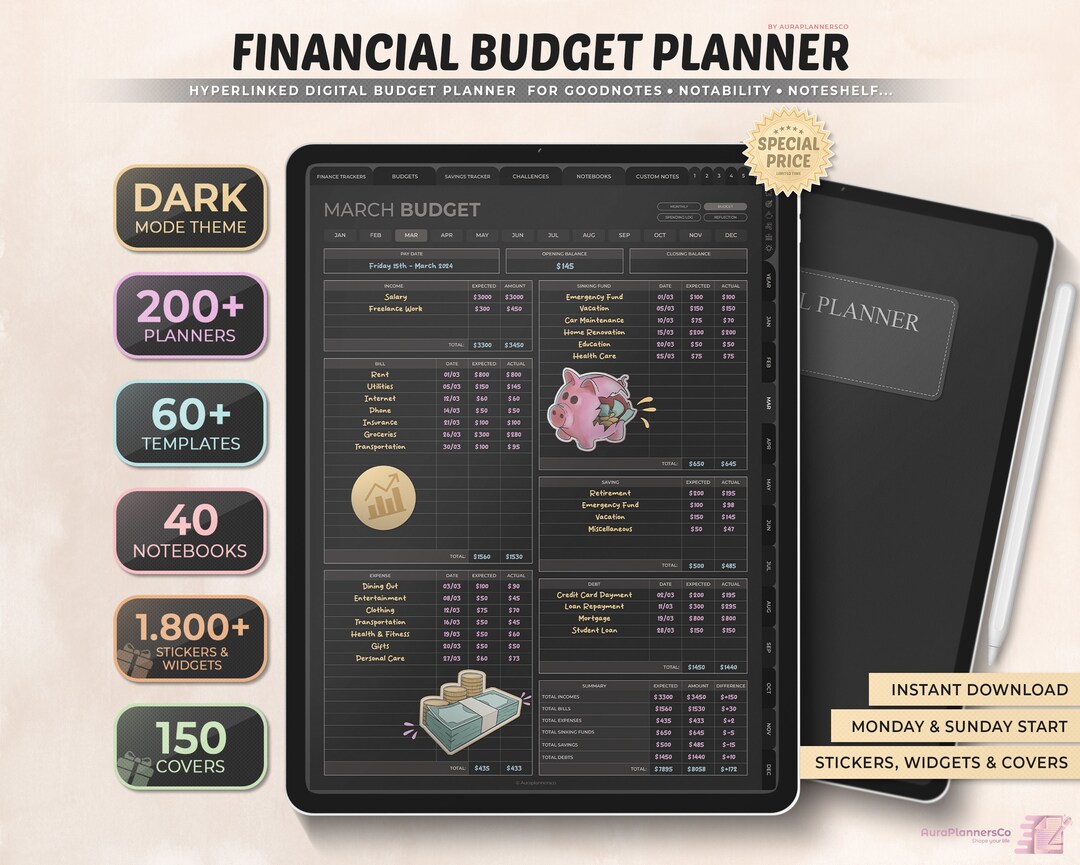 Dark Mode Digital Financial Budget Planner, Undated Digital Planner ...