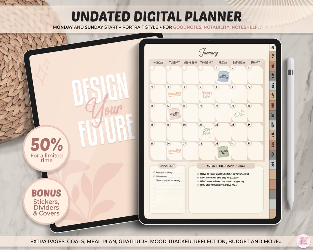 Undated Goodnotes Planner, Monthly Digital Planner, Goodnotes Template ...