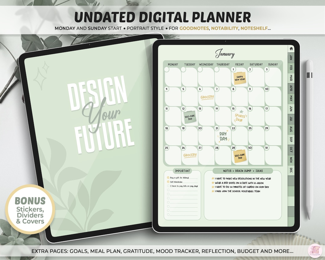 Undated Goodnotes Planner, Monthly Digital Planner, Goodnotes Template ...