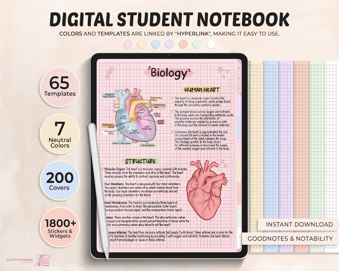 Portrait Digital Student Notebook With Tabs, Note Paper, Digital Paper ...