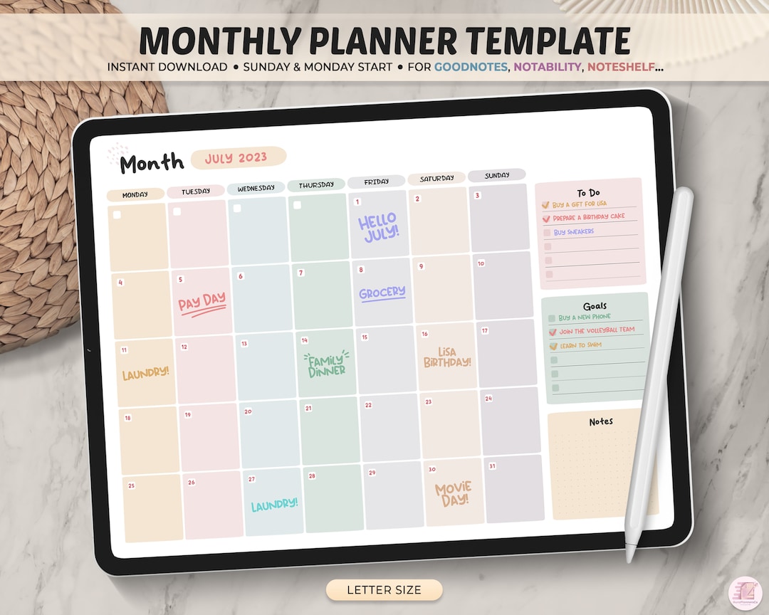Undated Monthly Digital Planner Template for Goodnotes, Notability (PDF ...