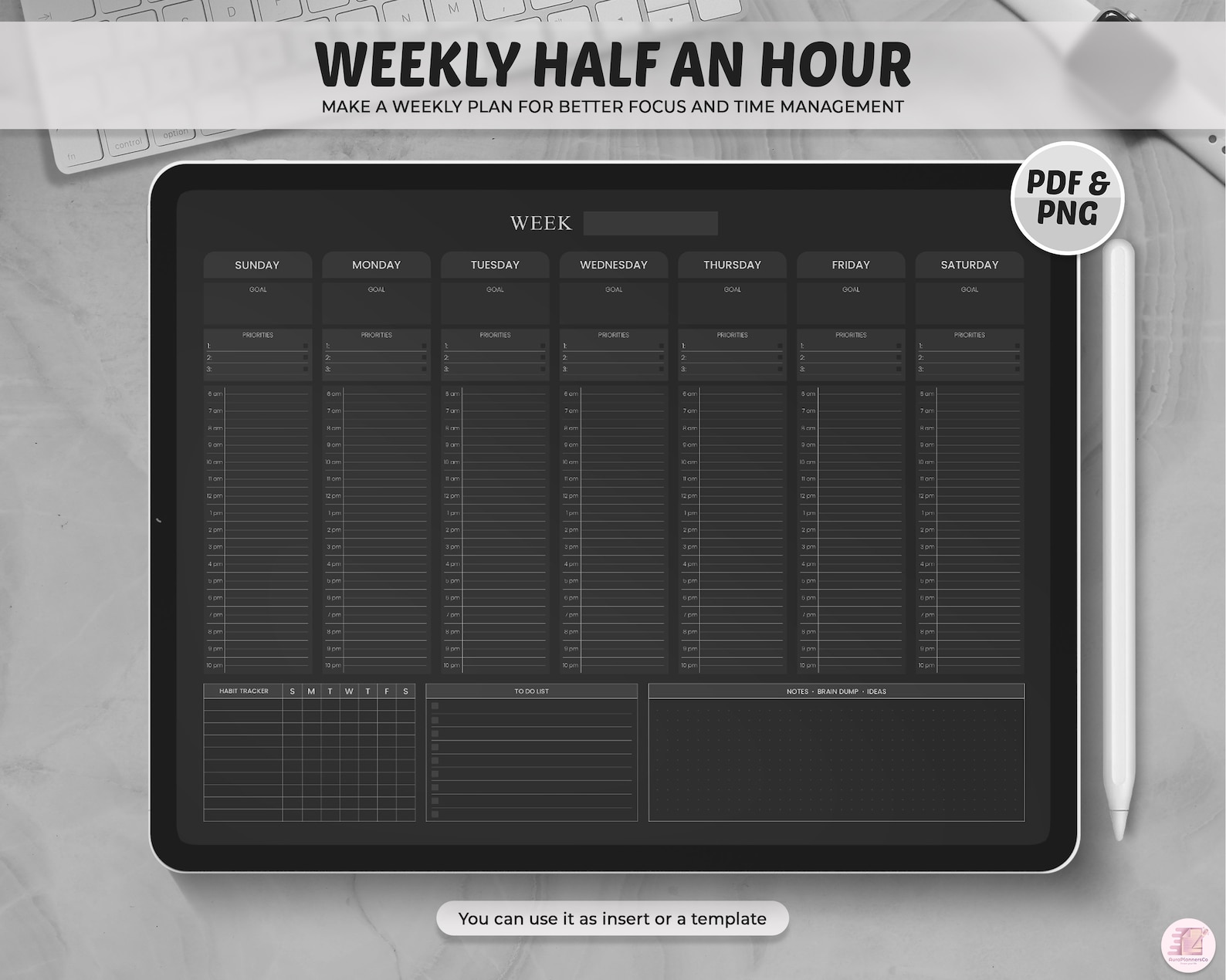Dark Mode Weekly Planner Goodnotes Template: Hourly, Half-hour (PDF) - Etsy