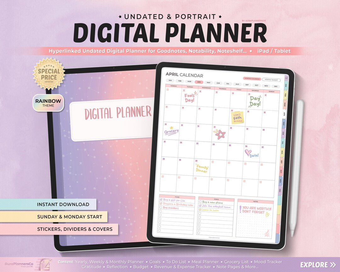 Undated Digital Planner: Rainbow Theme, Goodnotes & Notability (digital ...