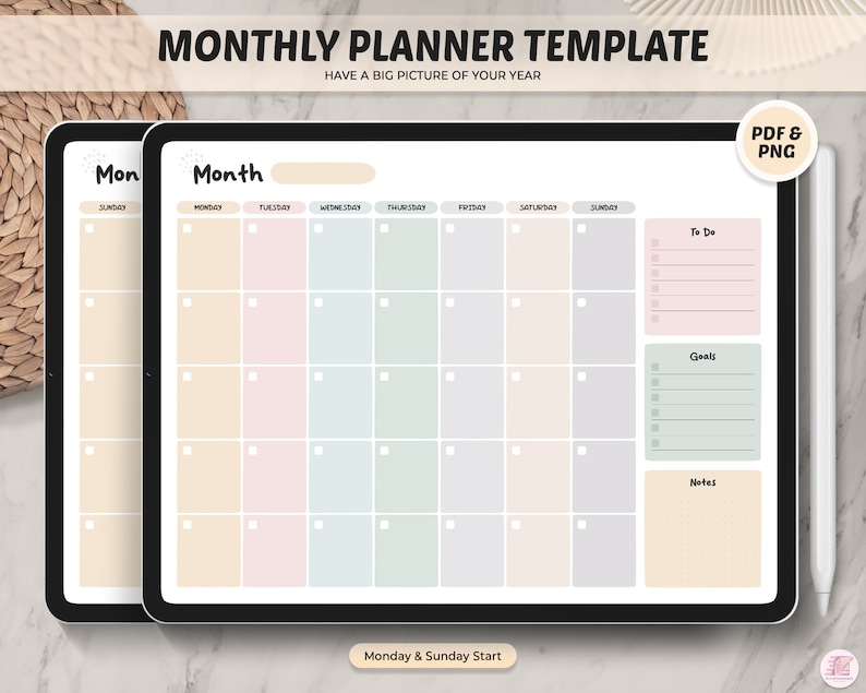 Undated Monthly Digital Planner Template for Goodnotes, Notability (PDF ...
