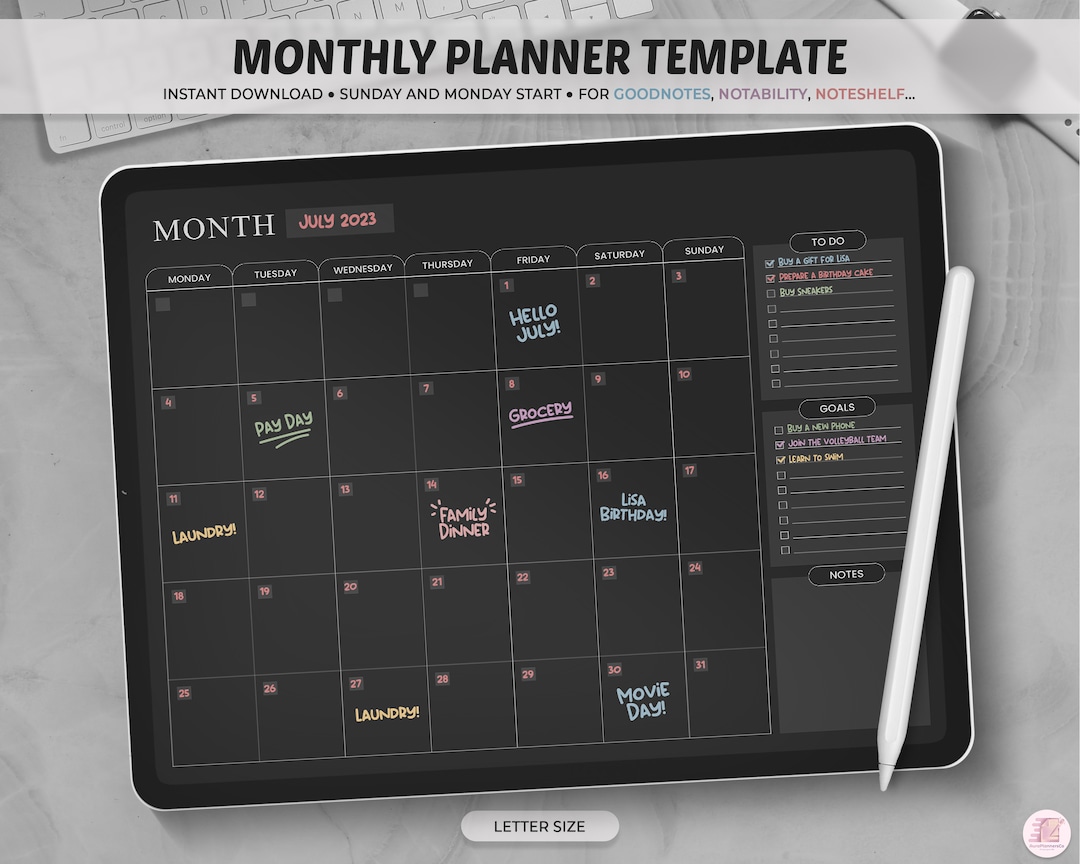 Monthly Planner Goodnotes Template, Dark Mode Monthly Planner Page ...