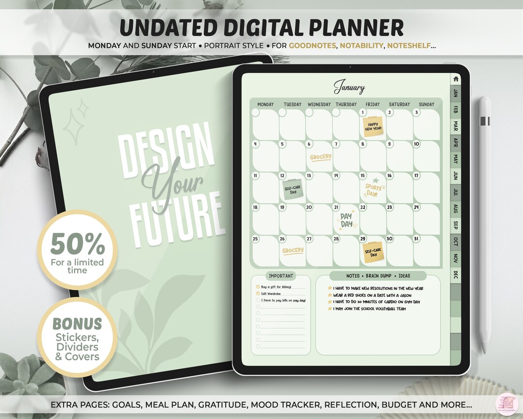 Undated Goodnotes Planner, Monthly Digital Planner, Goodnotes Template ...