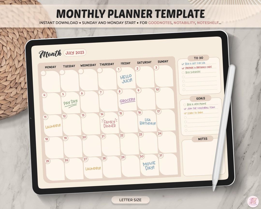 Monthly Planner Goodnotes Template, Monthly Planner Page, Monthly ...