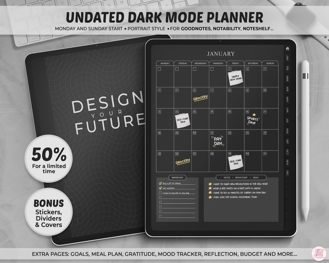 Digital Planner Goodnotes, Dark Digital Planner, Undated Digital ...