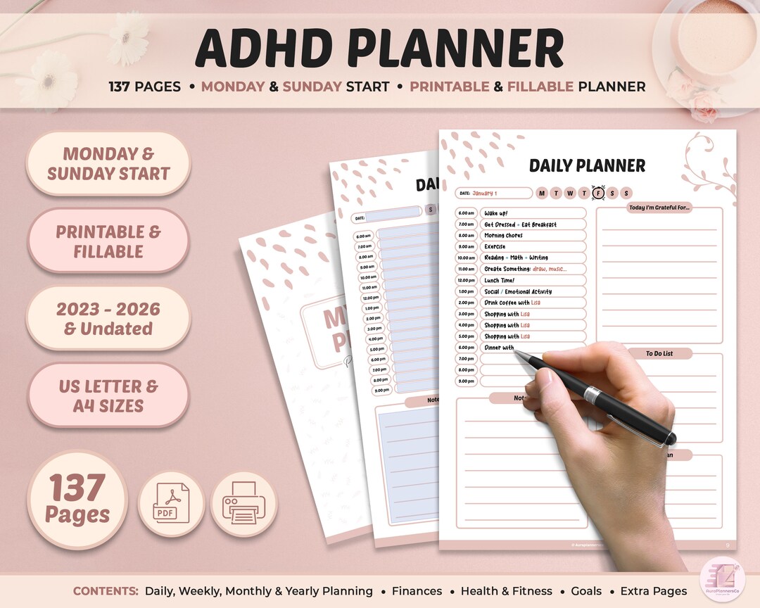 ADHD Planner Adult, Printable ADHD Planner, Fillable ADHD Planner, Adhd ...